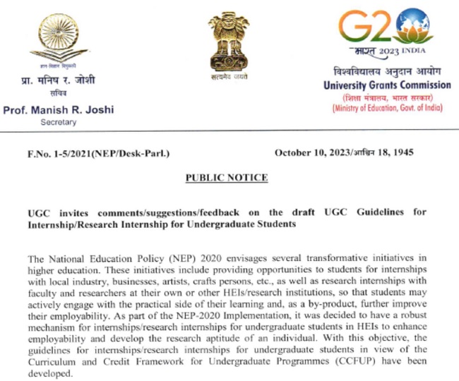 Guidelines prepared by UGC for Undergraduate and Research Internship